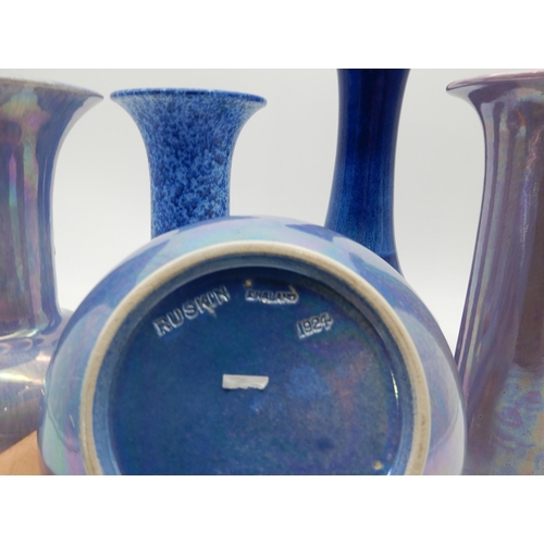 A collection of Ruskin pottery vases including a mottled glaze example ...
