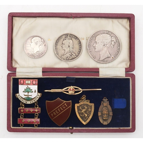 A Victoria 1845 silver crown, 1889 half crown, 1920s Allan Glen's ...
