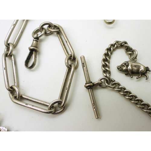 Two silver fob chains with associated medallions and a wild boar charm ...