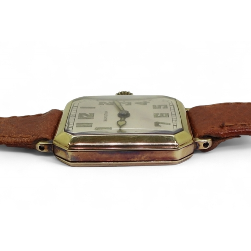 A 14K GOLD HAMILTON WATCHwith square case, cream dial with luminous ...
