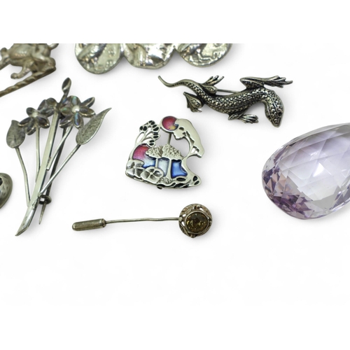 A silver Pat Cheney enamelled tree brooch, a large facet cut amethyst ...
