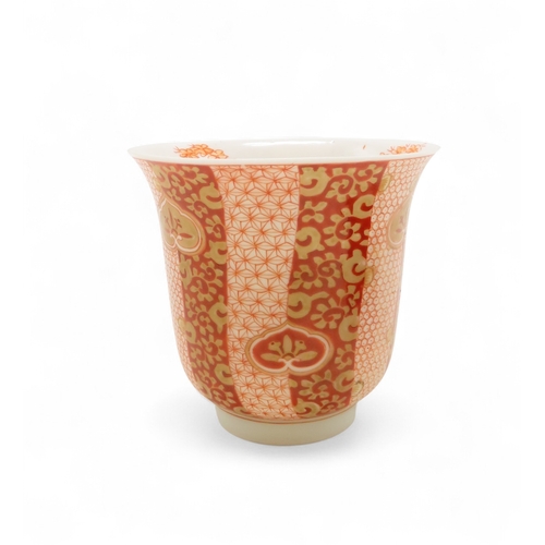 AN ARITA EGGSHELL BOWLPainted with Akae reds and gilt cell pattern and ...
