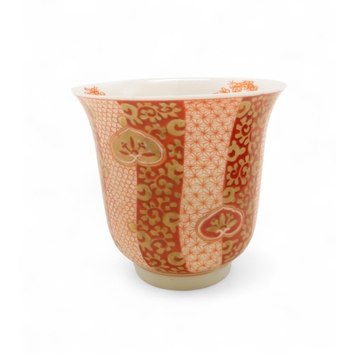 AN ARITA EGGSHELL BOWLPainted with Akae reds and gilt cell pattern and ...