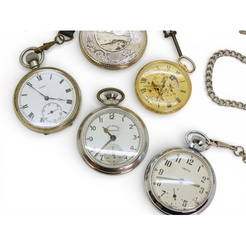 A collection of eight base metal pocket watches including Rethyo, Alert ...