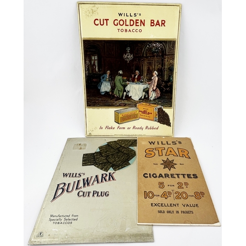 WILLS CIGARETTES ADVERTISING TRIO. Largest 12ins. Card, tin & laminate ...