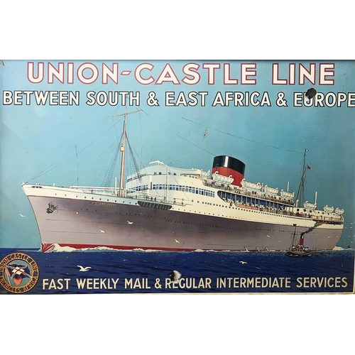 UNION CASTLE LINE ENAMEL SIGN. In a temporary roughly made frame 61.5 ...