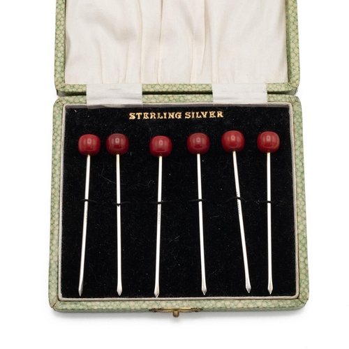Cased set of sterling silver cocktail sticks with cherry finials. Gross ...