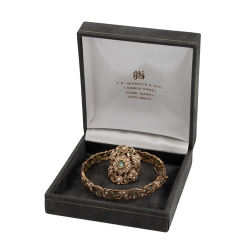Bahrain yellow metal tested 14ct gold emerald and seed pearl bracelet ...