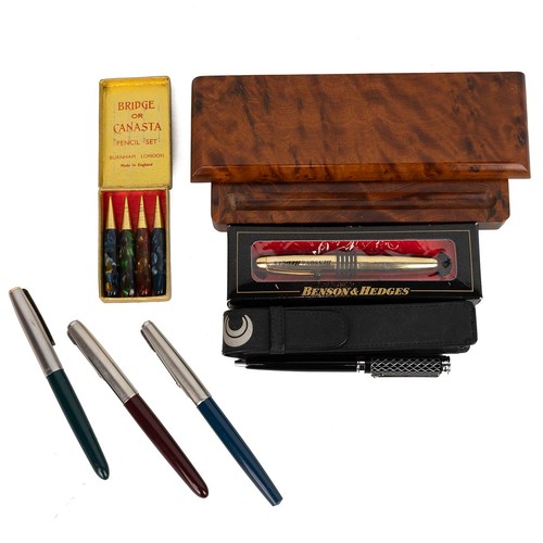 A Thuya Wood pen box, three Parker fountain pens, a boxed set of four ...