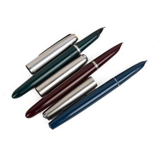 A Thuya Wood pen box, three Parker fountain pens, a boxed set of four ...