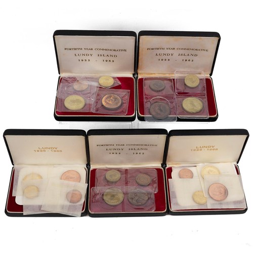 Lundy, 1925-1965 Proof Sets (5) - four-coin Puffin proof sets, all boxed.