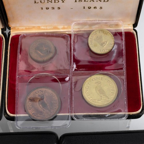 Lundy, 1925-1965 Proof Sets (5) - four-coin Puffin proof sets, all boxed.