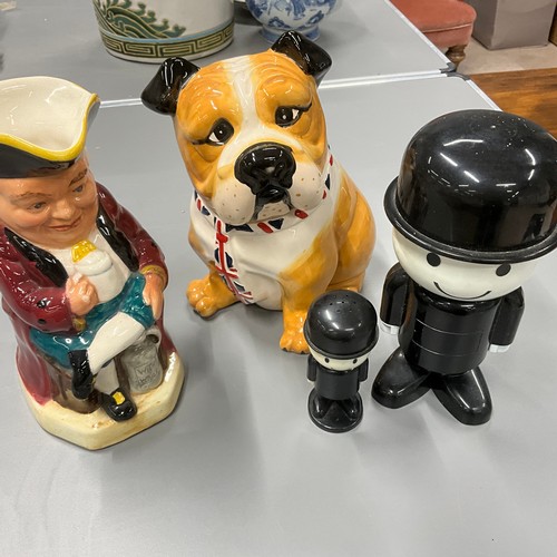British Bull dog cookie jar, two Home pride men and a musical Toby jug ...