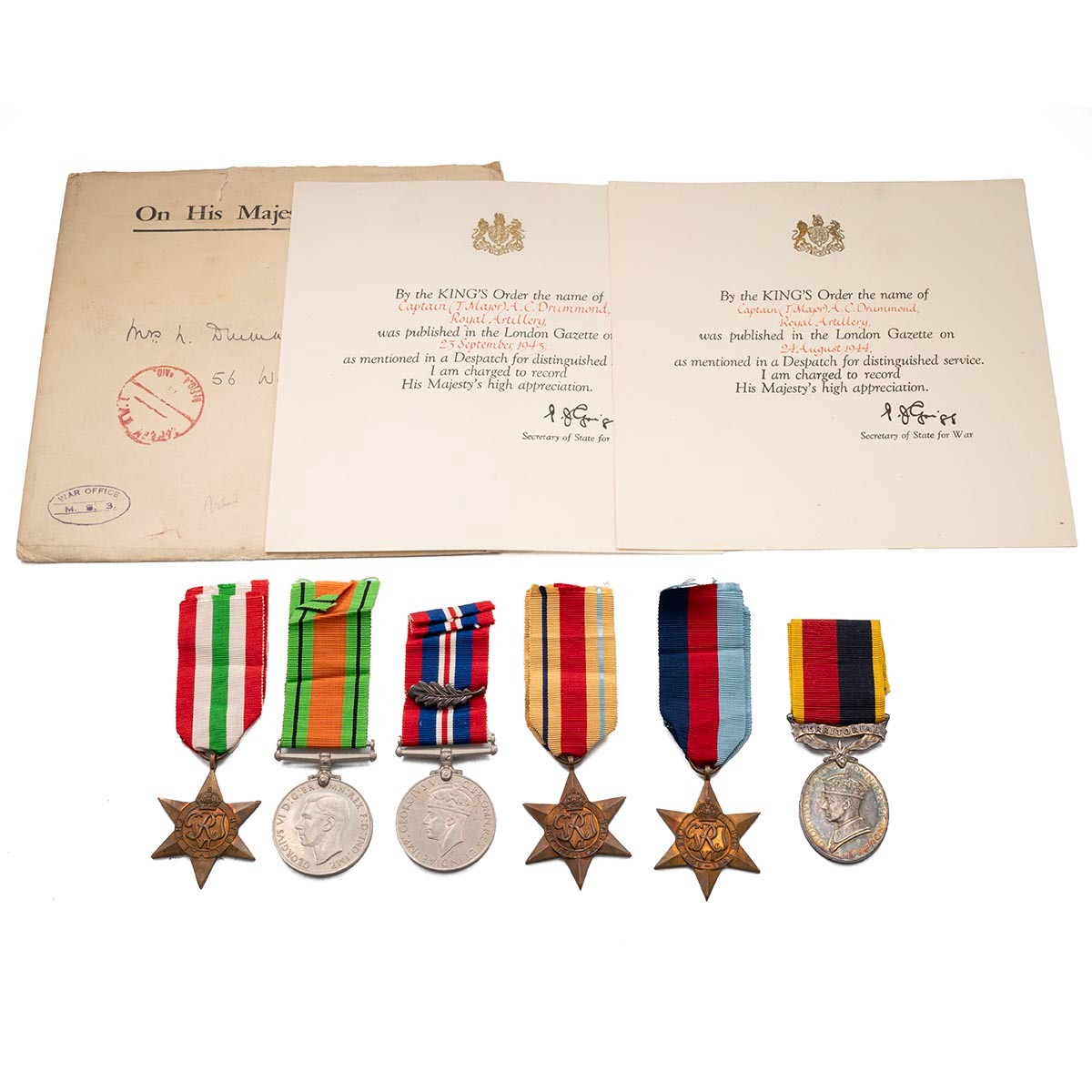 A collection of WWII medals awarded to Captain A.C. Drummond, Royal ...