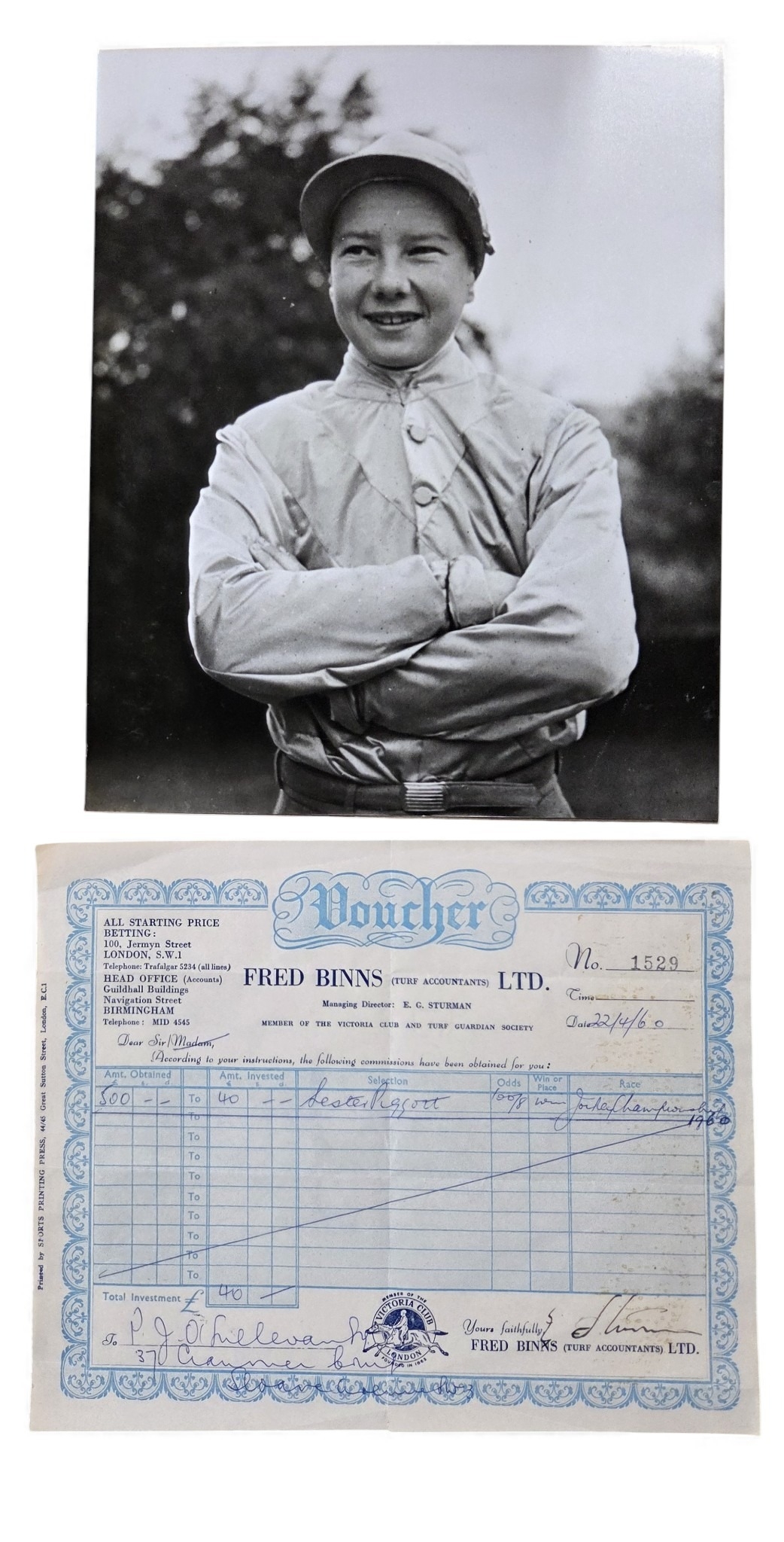 A Fred Binns (Turf Accountant) Ltd Voucher/Betting slip where Peter O ...