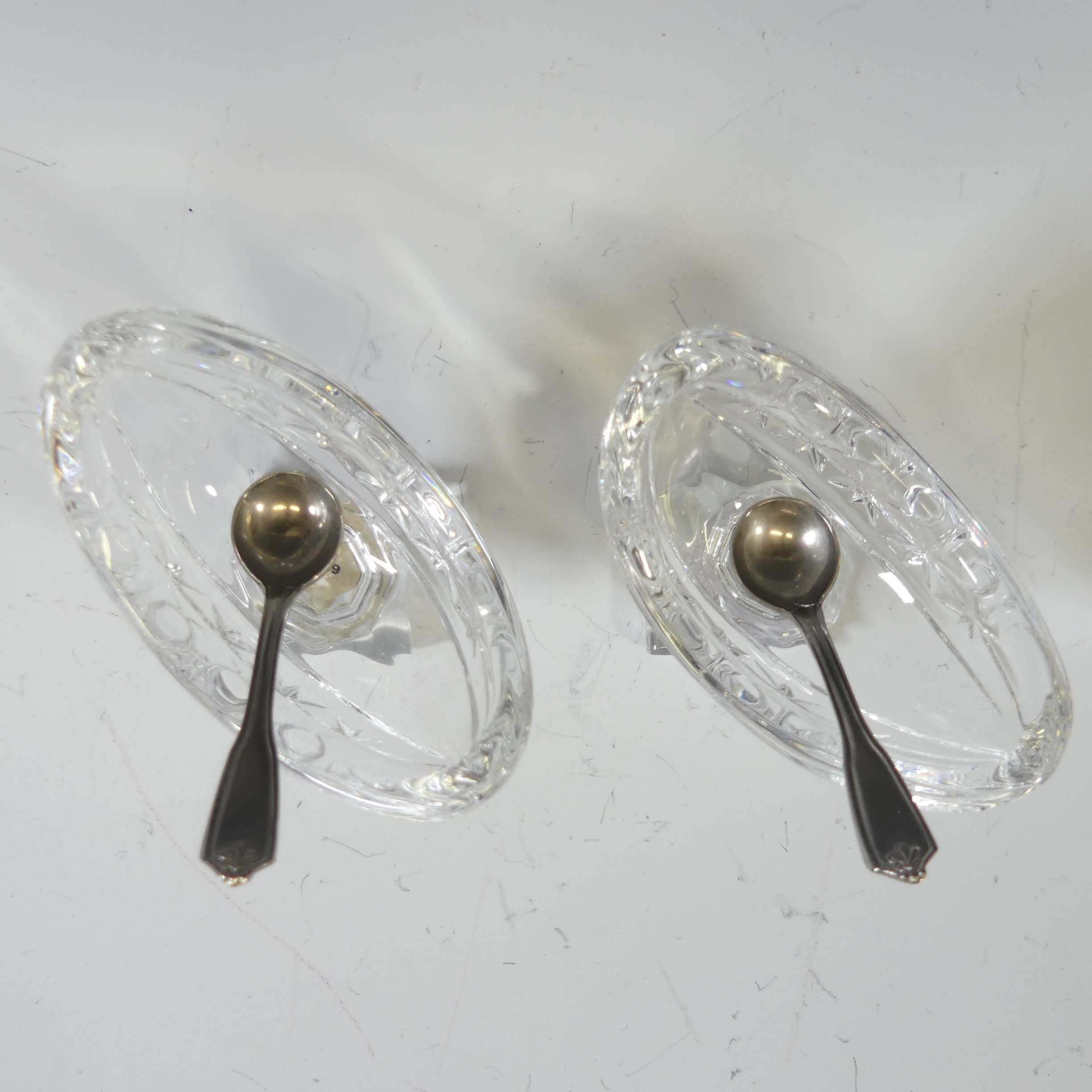 A pair of Waterford cut crystal navette form Salt Cellars, with silver ...
