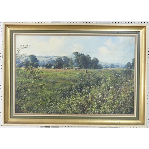 Hugh Gurney (British, b.1932), Cattle grazing in a wooded landscape ...