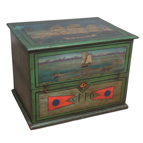 A Vintage painted Admirals Box, top depicting the ship 'Serica', W 51 ...