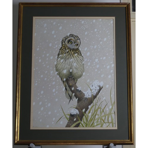 Kenneth Norman Lilly (1929-1996), Owl perched in snow, watercolour ...