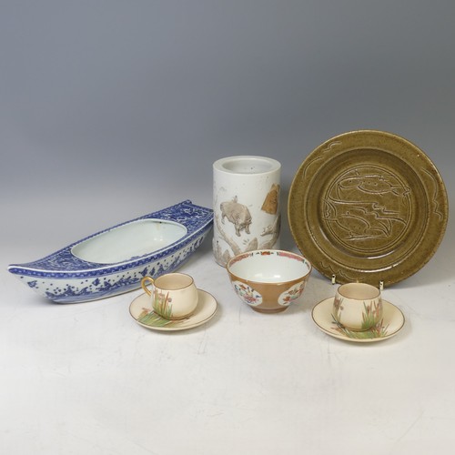 An unusual Chinese porcelain boat-shaped Dish, decorated underglaze ...