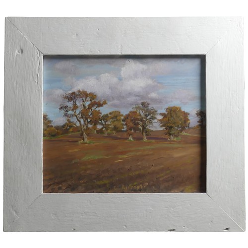 Chris Riisager (b. 1961) Trees in a plowed field, oil on board, signed ...
