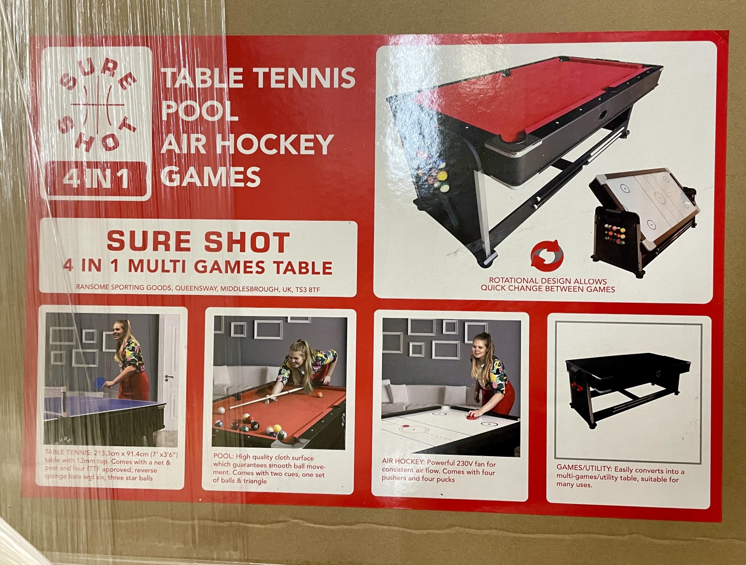 BOXED SURE SHOT 4 IN 1 GAMES TABLE - POOL/TABLE TENNIS/AIR HOCKEY/GAMES ...