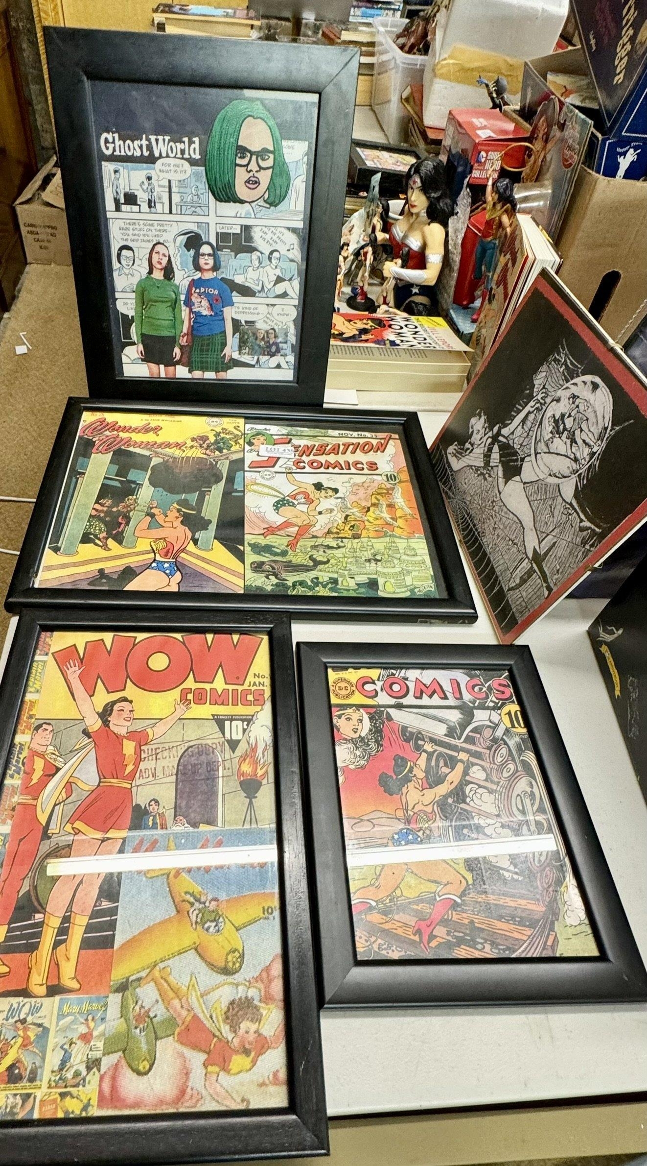5 X FRAMED VINTAGE COMIC PRINTS - WONDER WOMAN, GHOST GIRL ETC.