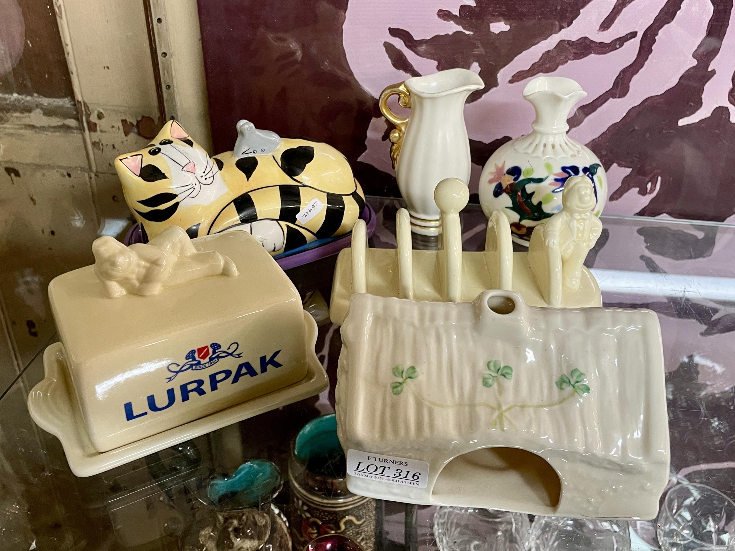 MISC POTTERY, LURPAK BUTTER DISH, TOAST RACK, WADE JUG, SMALL VASE ETC....