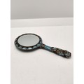 A SMALL VINTAGE ENAMELLED METAL HAND MIRROR, 11.8CM LONG