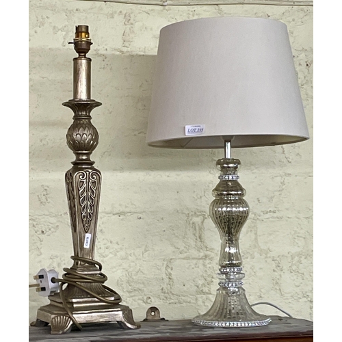 A SILVERED GLASS TABLE LAMP WITH SHADE AND 1 OTHER TABLE LAMP (NO SHADE_