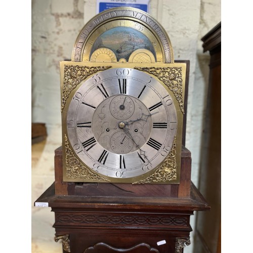 REGENCY FLAME MAHOGANY LONG CASE CLOCK, SCROLL SWAN NECK PEDIMENT WITH ...