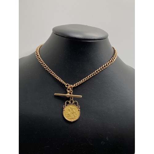 A 1911 GEORGE V GOLD FULL SOVEREIGN ON 9CT GOLD CHAIN TW: 44.5G, GOLD ...