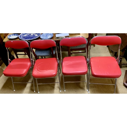 4 X RED REXENE AND CHROME FOLDING CHAIRS