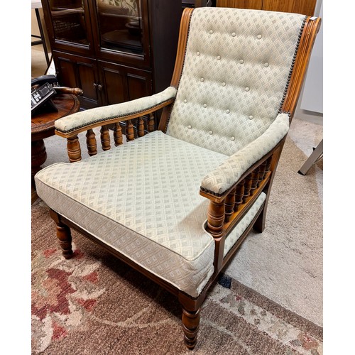 EDWARDIAN IVORY DIAMOND BROCADED BUTTONED BACK LIBRARY CHAIR