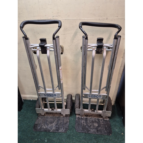 SET OF 2 COSCO FOLDING PORTERS TROLLEYS - NOTE ONE WITH BENT WHEEL AND ...