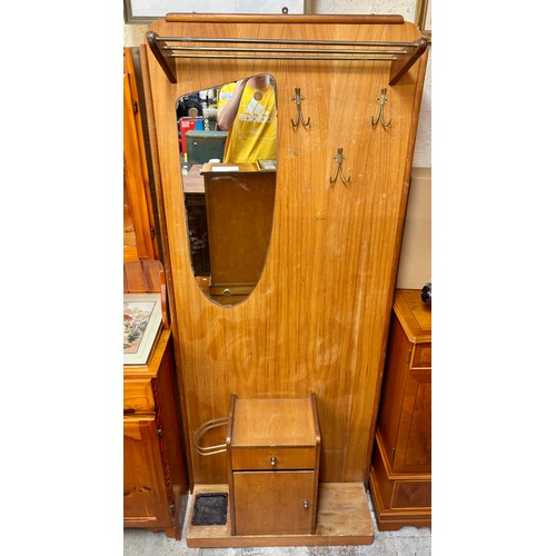 A TEAK MID-CENTURY HALL STAND - MIRRORED WITH COAT HOOKS, DRIP TRAY AND ...