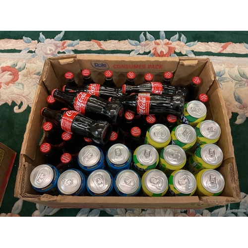 BOX OF MIXED DRINKS INCL GLASS BOTTLE COCA COLA, FANTA PEAR AND RUBICON