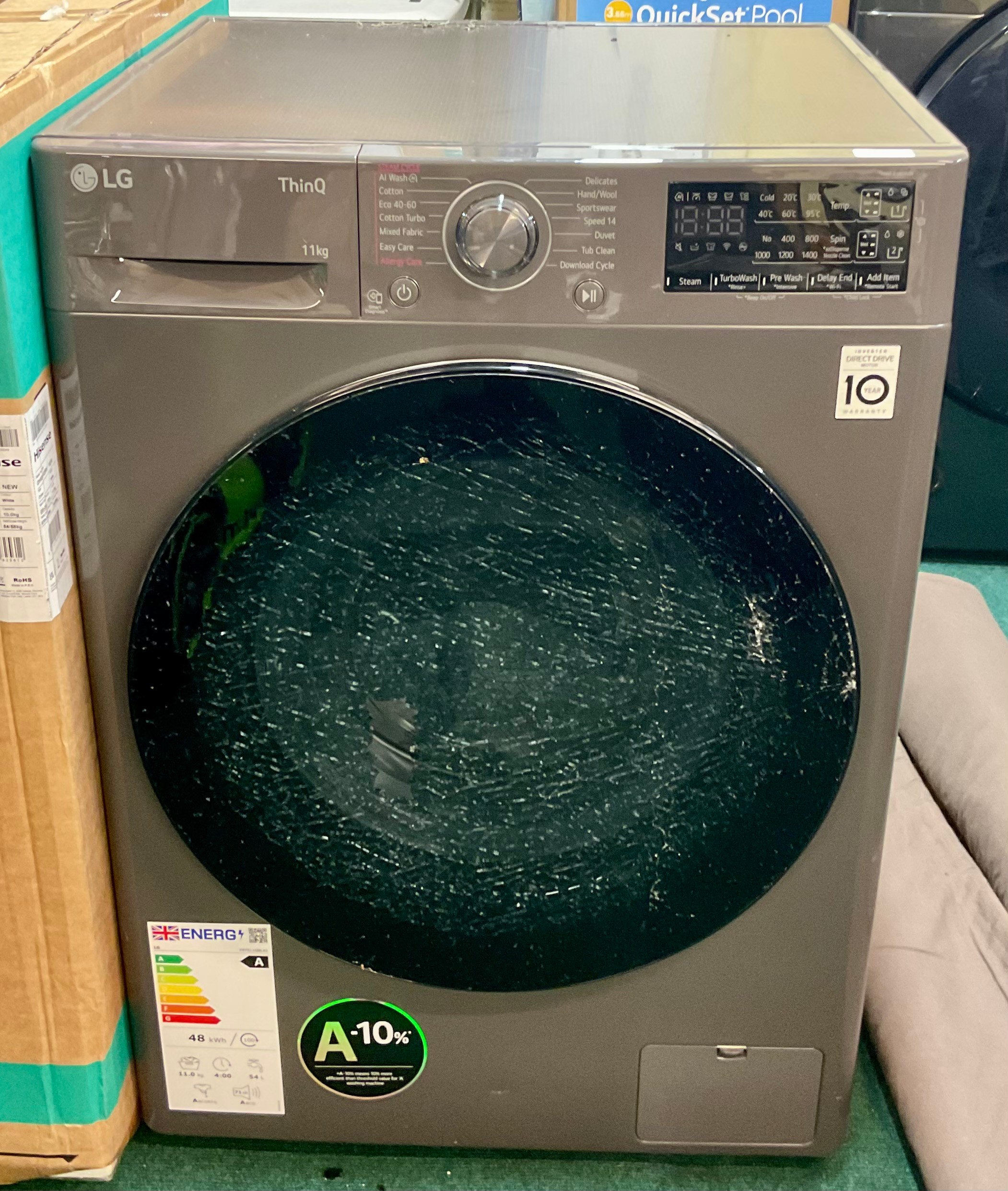 LG THINQ 11KG WASHING MACHINE F4Y511GBLA1 - NOTE OUTER GLASS DAMAGED ...