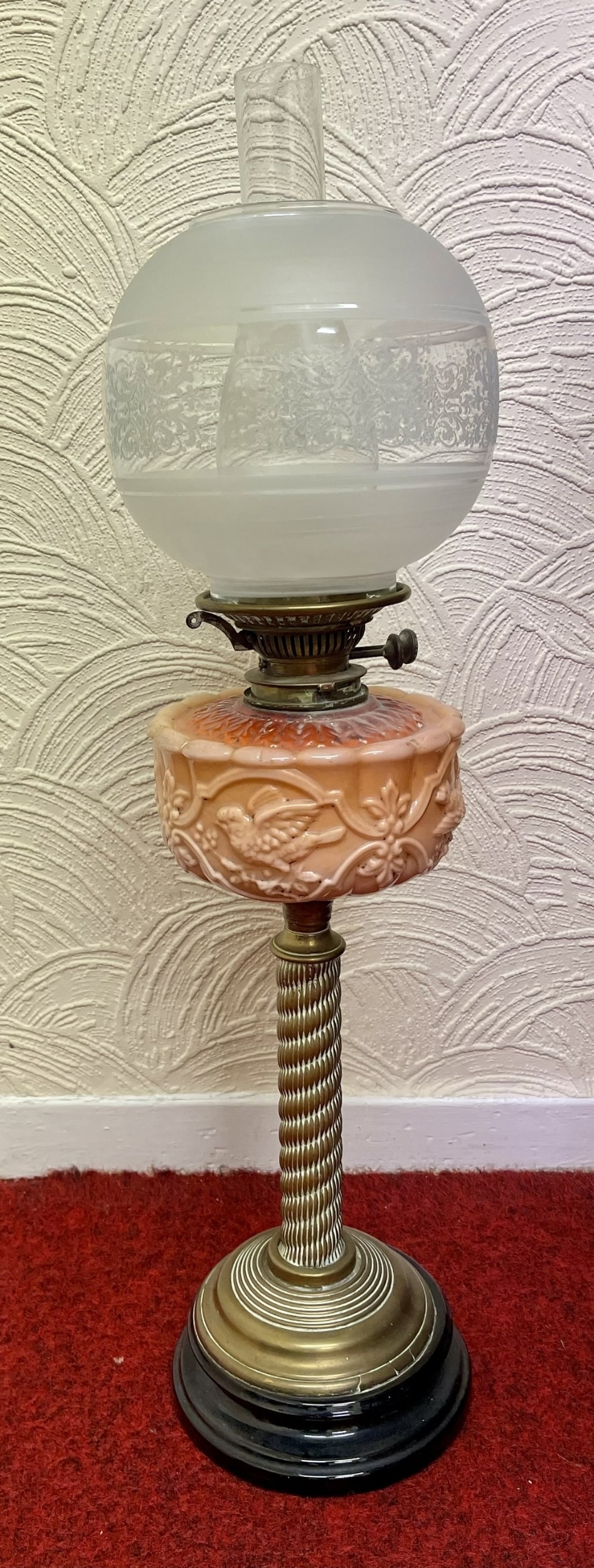 ARTS & CRAFT VICTORIAN OPALINE GLASS AND BRASS PARAFFIN LAMP, WITH ...
