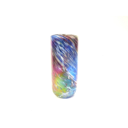 A Glasform Studio glass cylindrical vase, iridescent colours. Etched ...