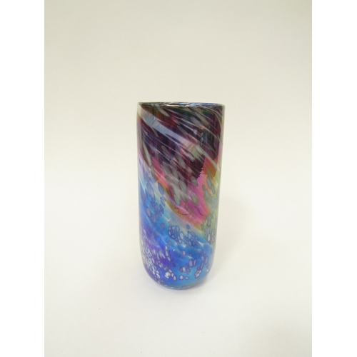 A Glasform Studio glass cylindrical vase, iridescent colours. Etched ...
