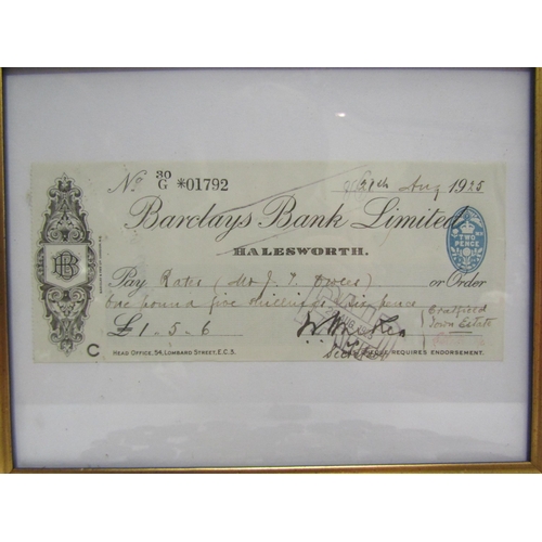 A Barclays bank (Halesworth) cheque for rates payment by Bradfield Town ...