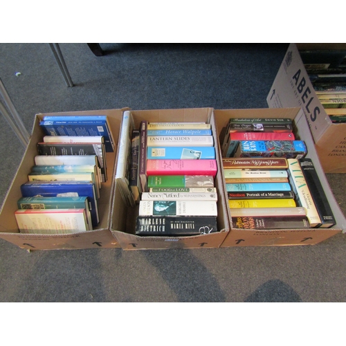 Three boxes of hardback books including biographies, historical, novels ...