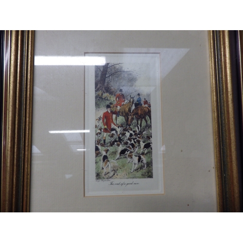 Two framed coloured fox hunting engravings, a small framed map of ...