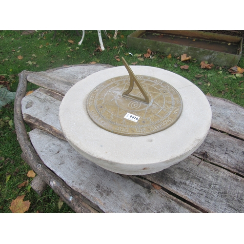 A large brass sundial with gnomen on round composition base, 'Turn Your ...