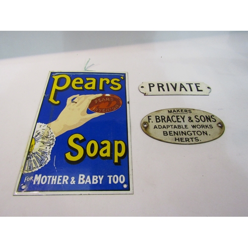 A 20th Century enamel Pears' Soap sign, 25cm x 17cm, a "Private" door ...