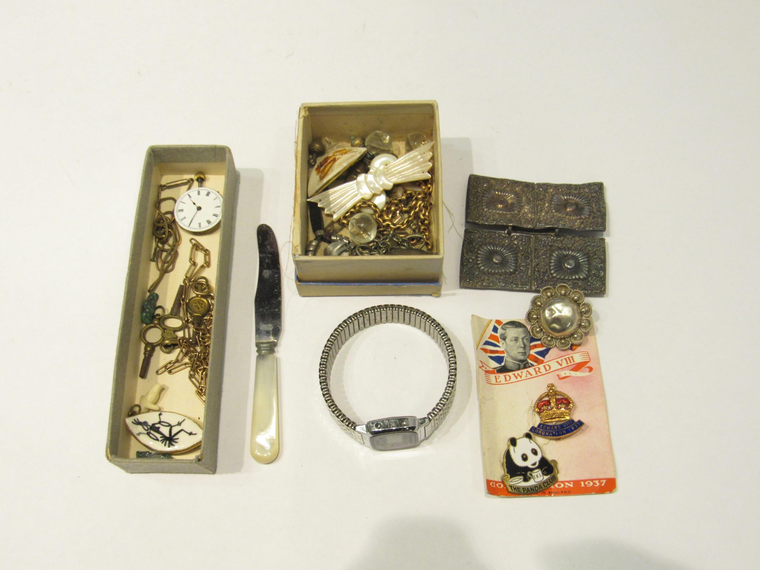 Box containing assorted odds including floral buckle, Casio watch, fob ...