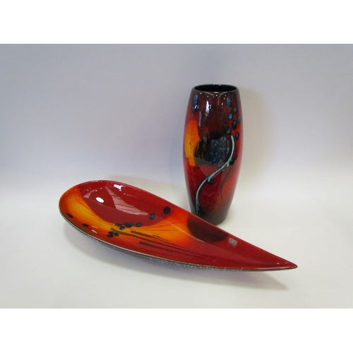 Two pieces of Alan Clarke pottery, red/orange glaze with splashes of ...