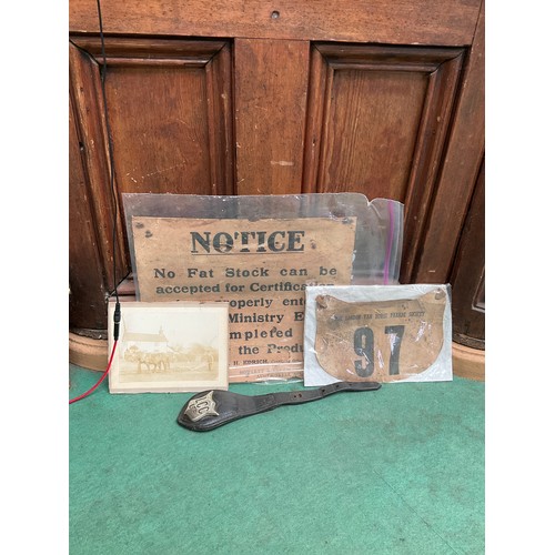 An Acle Fat Stock sign, London Van Horse Badge, photo of ploughing and ...