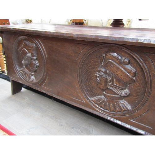 A Jack Grimble, Cromer, carved oak coffer with Tudor style carved ...